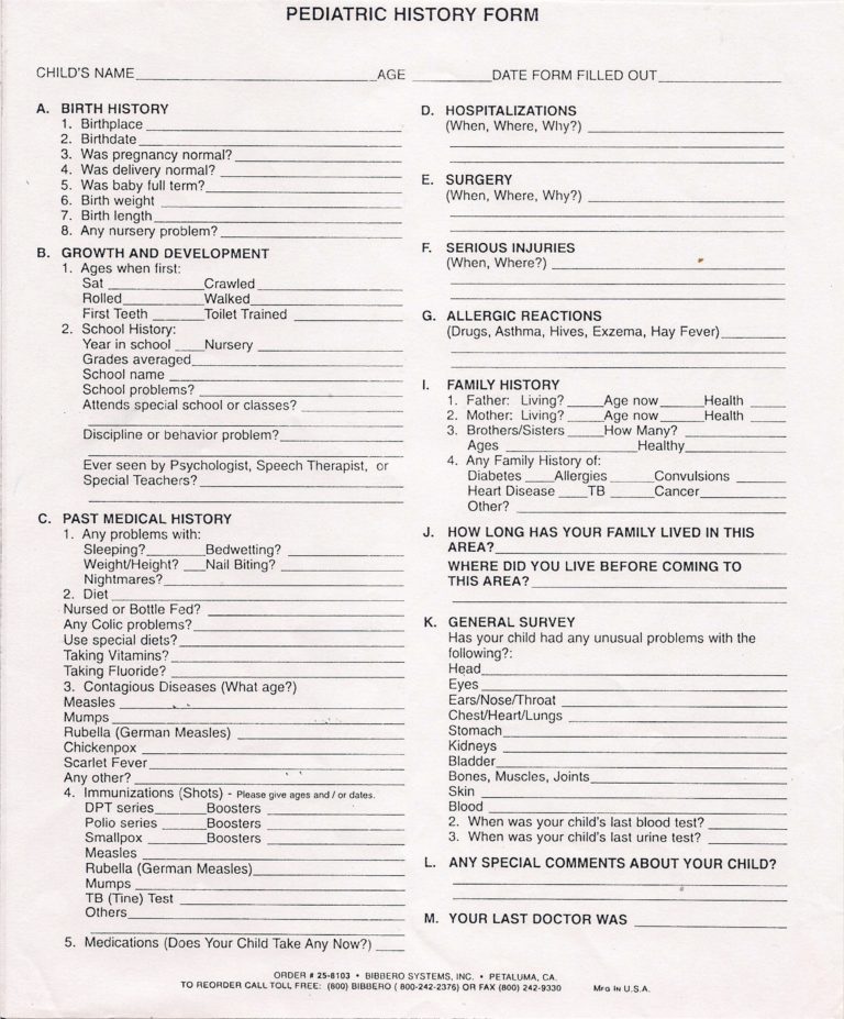 PEDIATRIC HISTORY FORM – Taking Time To Care